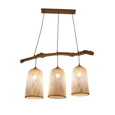 China Three Heads Rattan Pendant Light , Restaurant Bamboo Woven Lamp 3500K for sale