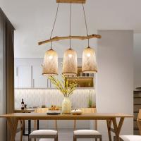 China Three Heads Rattan Pendant Light , Restaurant Bamboo Woven Lamp 3500K for sale
