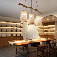 China Three Heads Rattan Pendant Light , Restaurant Bamboo Woven Lamp 3500K for sale