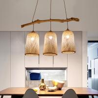 China Three Heads Rattan Pendant Light , Restaurant Bamboo Woven Lamp 3500K for sale