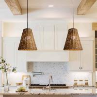 China Modern Round Rattan Pendant Light , Rattan Ceiling Light Shade 65lm/W OEM for sale