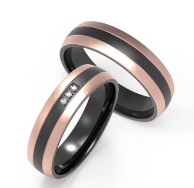 China Custom Decorative Black Titanium Wedding Band Rose Gold Double Line Set Zircon Ring for sale