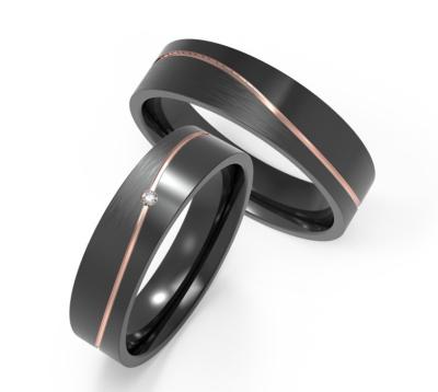 China Hypoallergenic Black Titanium Ring With Wavy Rose Gold Set Zircon Design For Couples for sale