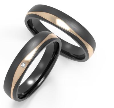 China Matte black stainless steel with unique K gold shape inlaid zircon couple ring for sale