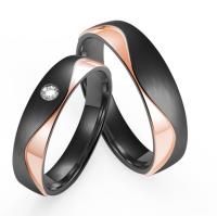 China Matte black stainless steel set with zircon and rose  gold couple ring for sale