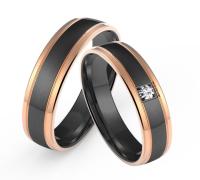 China Black stainless steel with double ring rose gold inset zircon couple ring for sale