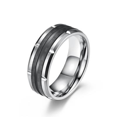 China High Polishing Mens Stainless Steel Fashion Rings Epoxy Jewelry Carbon Fiber Inlay Rings for sale