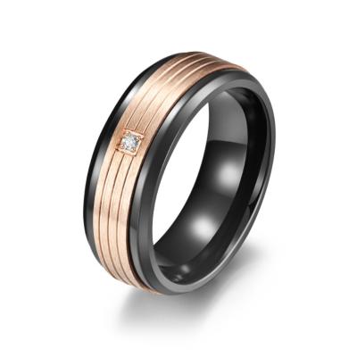 China Inlaid Diamond Carbon Fiber Engagement Rings Jewelry Polish Black And Rose Gold for sale