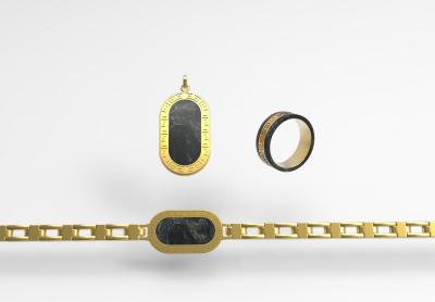 China Fashion Carbon Fiber With IP Gold Stainless Steel Three-piece Men's Jewelry, custom made according to drawings for sale