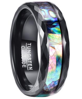 China IP Black Rings with Abalone Shell Label Inlay Tungsten Carbide Wedding Band Ring Custom Engraved Tungsten Rings for sale