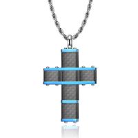 China Christian Religious Custom LOGO Pendant Stainless Steel Gold Plated Cross Necklace with Carbon Fiber Inlay and Blue Plating for sale