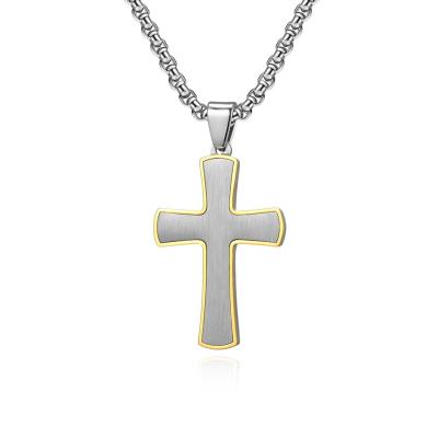 China Simple Style Satin Cross Pendant Stainless Steel Necklaces Blue and Rose Gold Metal Prayer Choker for Men for sale