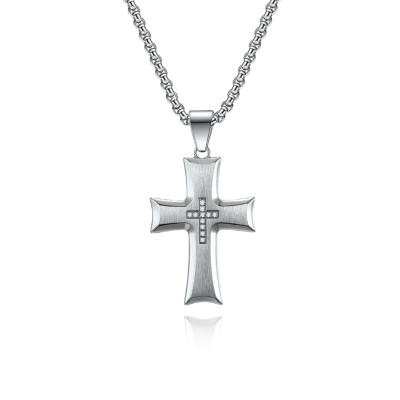 China Simple Style Satin Stainless Steel Cross Pendant Necklace with Cross Shape Diamond Metal Prayer Choker for Men for sale