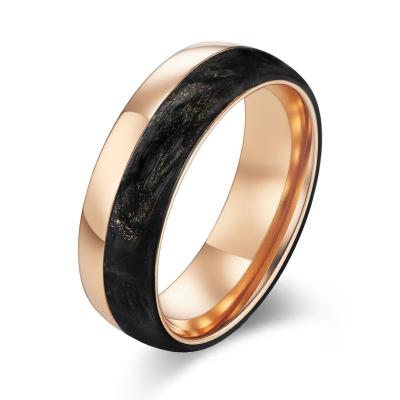 China Rose Gold Coated Forged Carbon Fiber Ring with Unique Marbled Patterns and Customizable Width for Men's Wedding Band for sale