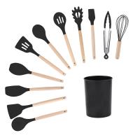 China Wooden Handle Kitchen Utensil Set with Holder Box and Non Stick Silicone Cooking Tools for sale