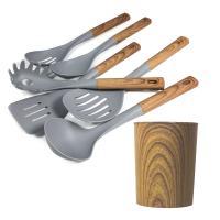 China Silk Printing or Debossed Logo Luxurious Wood Handle Gray Cooking Kitchen Utensils Set for sale