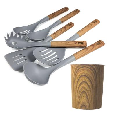 China Silk Printing or Debossed Logo Luxurious Wood Handle Gray Cooking Kitchen Utensils Set for sale