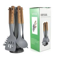 China Silk Printing or Debossed Logo Luxurious Wood Handle Gray Cooking Kitchen Utensils Set for sale