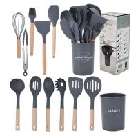 China Silicone Kitchenware Cocina Set 12 Pieces Cooking Tools with Wooden Handles Utensils for sale