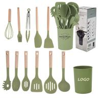 China Non-stick Cooking Tools 12pcs Silicon Kitchen Utensil Set with Bucket and Wood Handle for sale