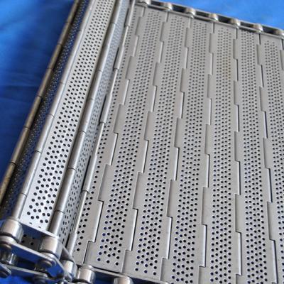 China Stainless Steel Wire Mesh Conveyor Belt with perforated metal chain plate design and side chains secured by welded rings for sale