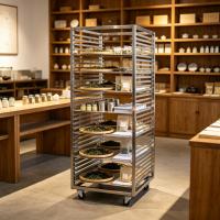 China Stackable Stainless Steel Rack Trolley with 15 Tiers and Anti-Collision Bumper for Bakery and Warehouse for sale