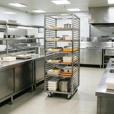 China 304 Food Grade Stainless Steel Rack Trolley 15 Tier Mirror Polished Rust Resistant Bakery Tray Cart for sale