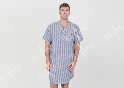 China Stripeed Design Mens Short Sleeve Nightshirts Button Placket Embroidery Curved Hem for sale