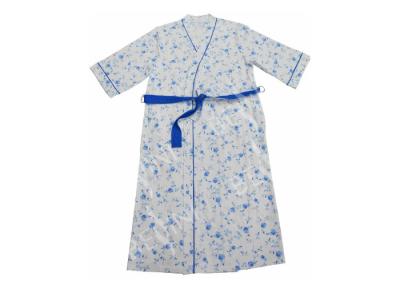 China Ladies Cotton Jersey Blue Floral Printed Bath Robe Kimono Wrap Blue Piping 3/4 Sleeve for sale