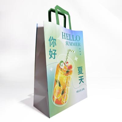 China Custom Flat Handle  Paper Bag Restaurant Delivery Take Out Packaging Carry Kraft Takeaway Food Paper Bag for sale