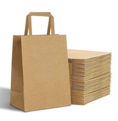 China Custom Made Printed Brown Flat Handle Takeaway Fast Food Packaging Kraft Paper Bag Restaurant Carry Bag for sale