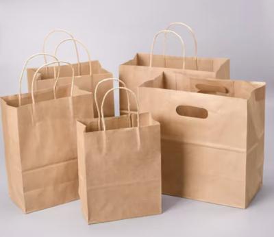 China Custom Logo Printed Brown Kraft Shopping Bags for Food Delivery & Takeout with Handles for sale