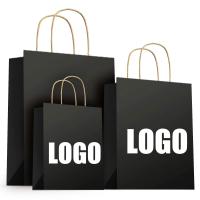 China Recyclable Eco-Friendly Reinforced Craft Handle  Durable Bottom Custom Logo Black Kraft Paper Shopping Bag for sale