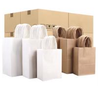 China Custom logo printing disposable brown kraft paper bag for food takeout, shopping, and gift, with handles for sale