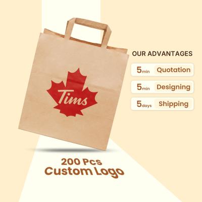 China Custom Eco-Friendly Flat Handle Kraft Paper Bag Recycled Materials Food Delivery Takeaway Bag for Restaurant Use for sale
