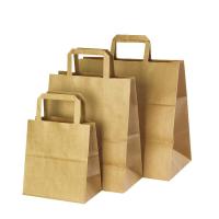 China Custom Your Own Logo Carry Out Bag For Restaurant To Go Fast Food Biodegradable Takeaway Kraft Paper Bag With Flat Handle for sale