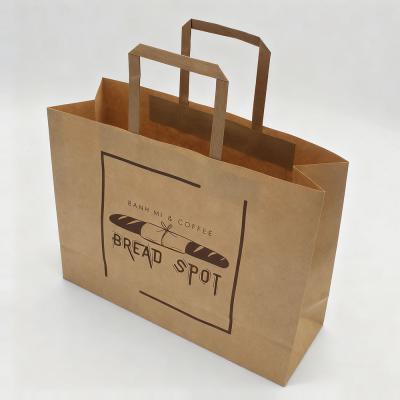 China Recyclable Custom Logo Printed Takeaway Fast Food Packaging Restaurant Carry Bags Kraft Paper Shopping Bag With Flat Handle for sale