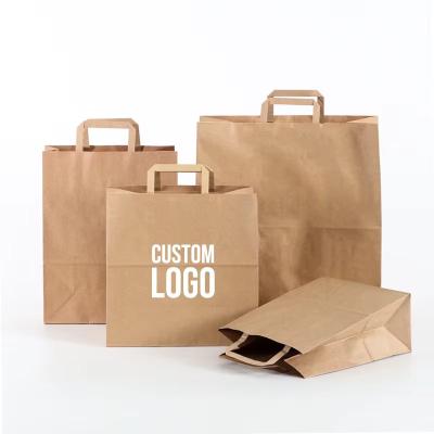 China Custom Logo Printed Recyclable Kraft Craft Paper Bags Flat Handles Take Food Packaging White Brown Corrugated Board Flat Bag for sale