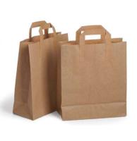 China Custom Made Printed Brown Flat Handle Takeaway Fast Food Packaging Kraft Paper Bag Restaurant Carry Bag for sale