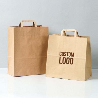 China Custom Fast Food Kraft Paper Bag Takeout Paper Bread Bag Packaging Brown Kraft Paper Takeaway Bags With Flat Handles for sale