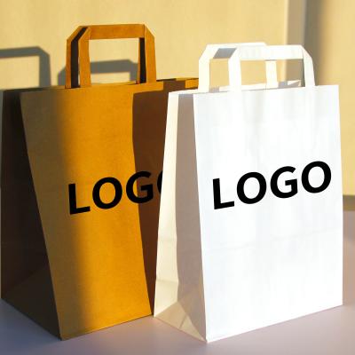 China Eco-Friendly Paper Bag Brown Kraft White Paper Classic Recyclable Bag With Twist Flat Handle Custom Logo Packaging for sale