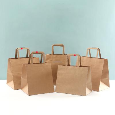 China Biodegradable Food Grade Kraft Paper Flat Rope Tote Bag Flexographic Printing Customizable Batch Gift Paper Bags for sale