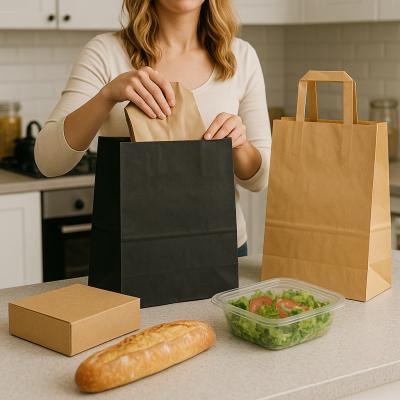 China Custom Logo Printed Eco-Friendly White Kraft Paper Bag With Flat Handle For Take-Away Cakes Pizza And Crafts for sale