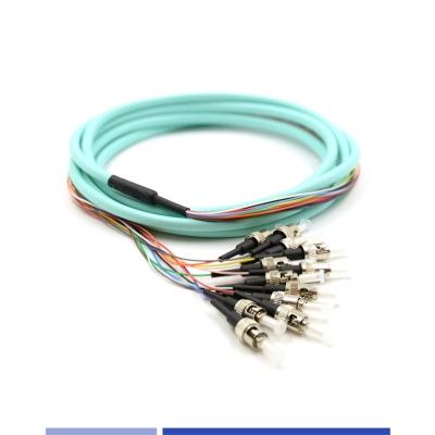 China 12 Strand ST/UPC OM3 Multimode Fiber Optic Pigtail 50/125 LSZH 3m with ≤0.3dB Insertion Loss for sale
