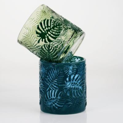 China Embossed Tropical Monstera Leaf Glass Candle Holder with 200ml Capacity in Lead-Free Crystal Glass for sale