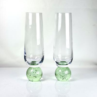 China Set of 2 Hand Blown Champagne Glasses, Green Bubble Sphere Base Modern Stemless Flutes for Sparkling Wine Prosecco Home Decor for sale