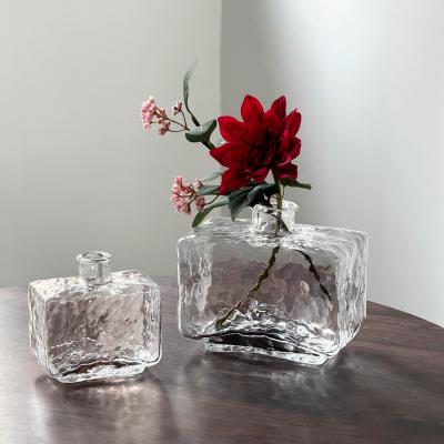 China Rectangular Clear Hammered Glass Vase - Modern Minimalist Decorative Flower Vase for Table Centerpiece for sale