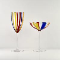 China Hand Blown Art Glass Goblet & Coupe Glass Set, Vibrant Red Yellow Blue Vertical Cane Stripes Murano Style Stemmed Wine & Martini Glasses for Bar, Party & Gift for sale
