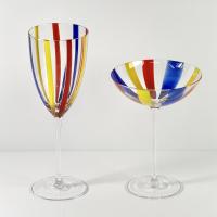 China Hand Blown Art Glass Goblet & Coupe Glass Set, Vibrant Red Yellow Blue Vertical Cane Stripes Murano Style Stemmed Wine & Martini Glasses for Bar, Party & Gift for sale
