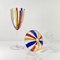 China Hand Blown Art Glass Goblet & Coupe Glass Set, Vibrant Red Yellow Blue Vertical Cane Stripes Murano Style Stemmed Wine & Martini Glasses for Bar, Party & Gift for sale